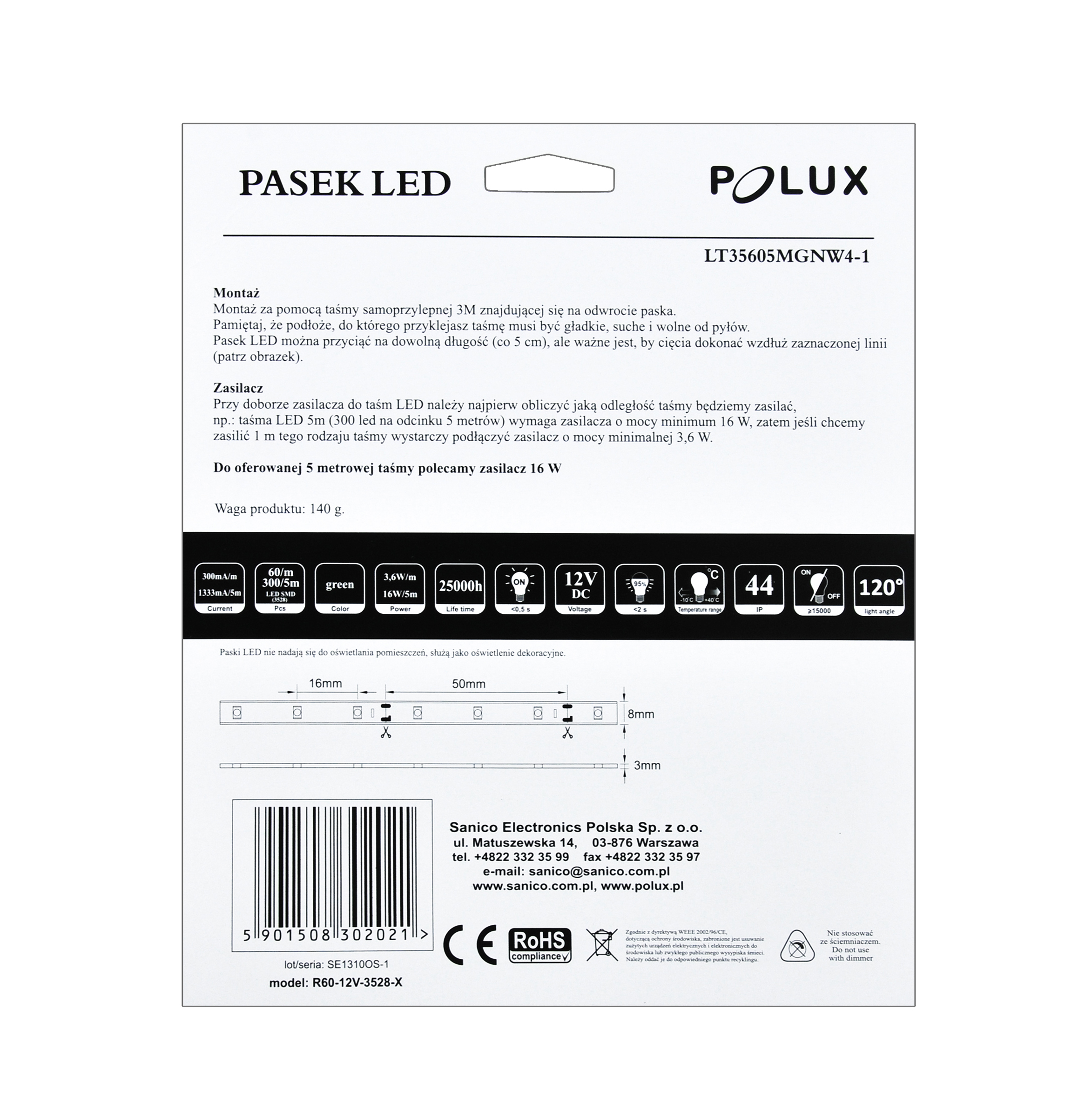 Pasek LED 1 5m IP44 POLUX - SANICO - Naświetlacze LED